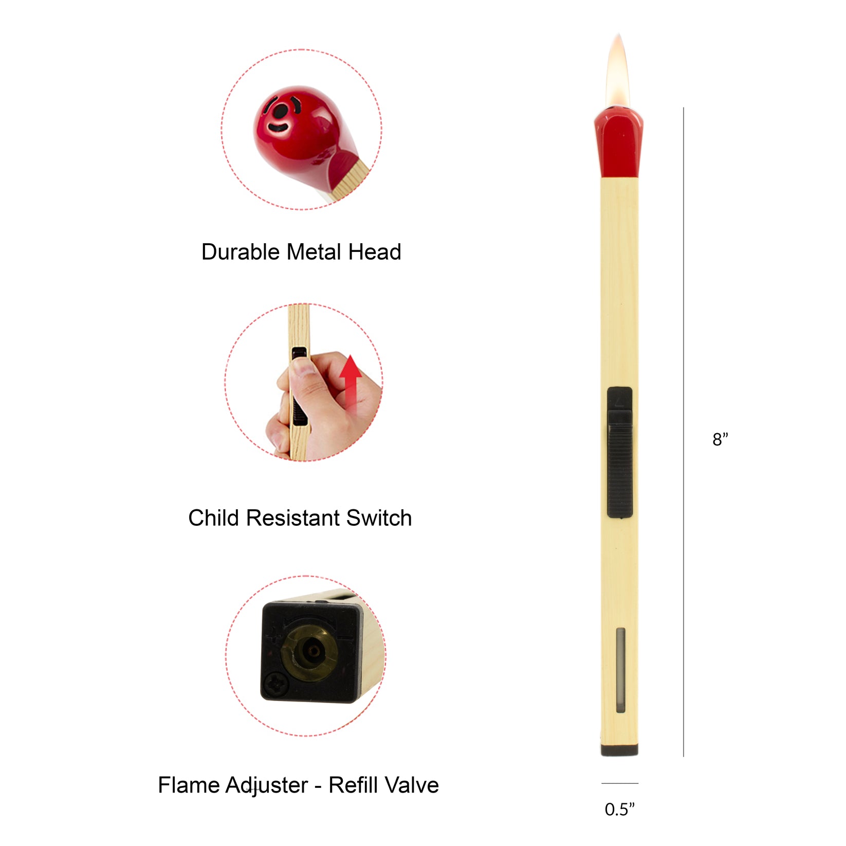Match Shape Candle Lighter - Slim Butane - Gas Refillable - Long Reach ...
